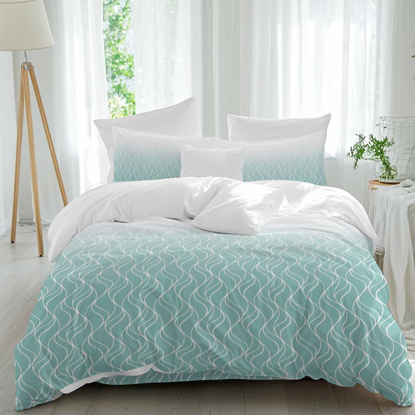 Abstract White Wave Line Queen Size Bed Set,Modern Stripe on Green ...