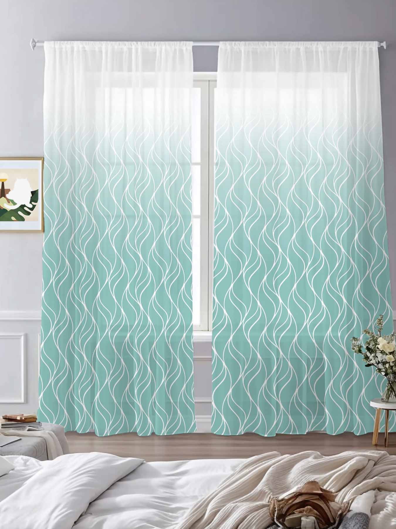 Abstract White Wave Line Sheer Curtains 2 Panels Set Modern Stripe on ...