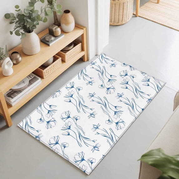 Abstract Wildflower on White Rectangle Rug 2'x3' Rustic Blue Floral ...