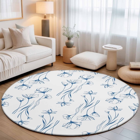 Abstract Wildflower on White Round Rug 5ft Rustic Blue Floral Sketch ...