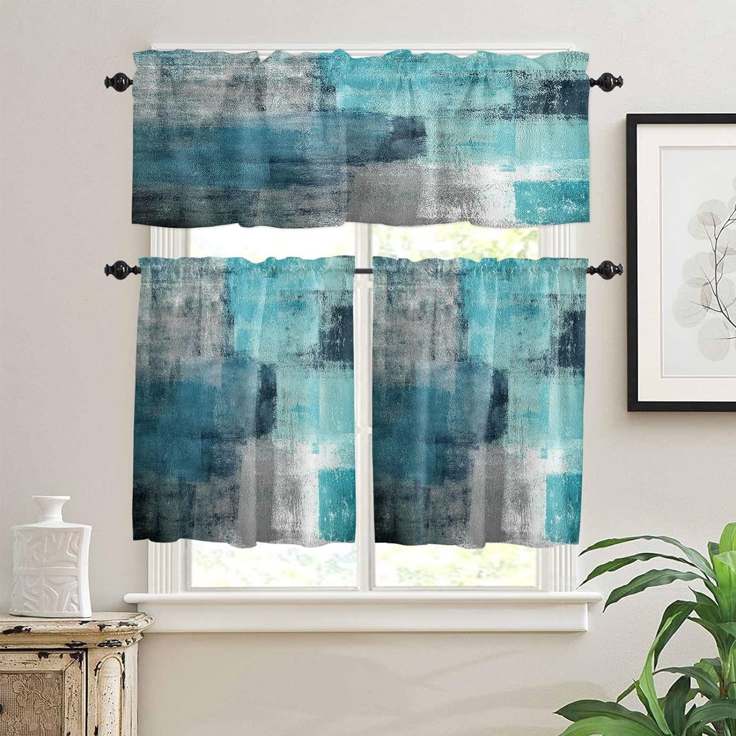 Abstract Window Curtain Set with Tiers and Valance, 3 Pieces Rod Pocket ...