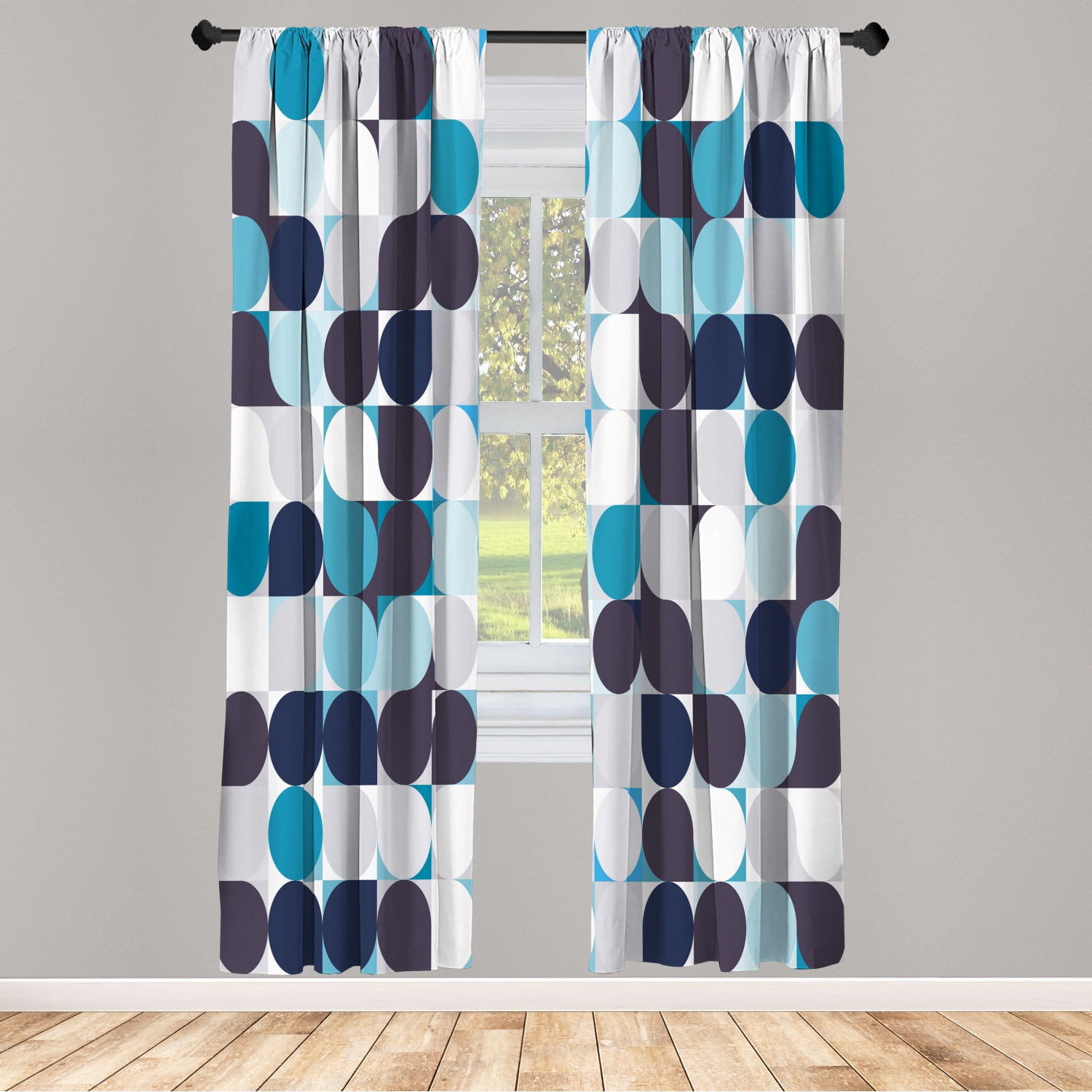 Ambesonne Abstract Curtains, Retro Circles Squares, Pair of 28"x84 ...