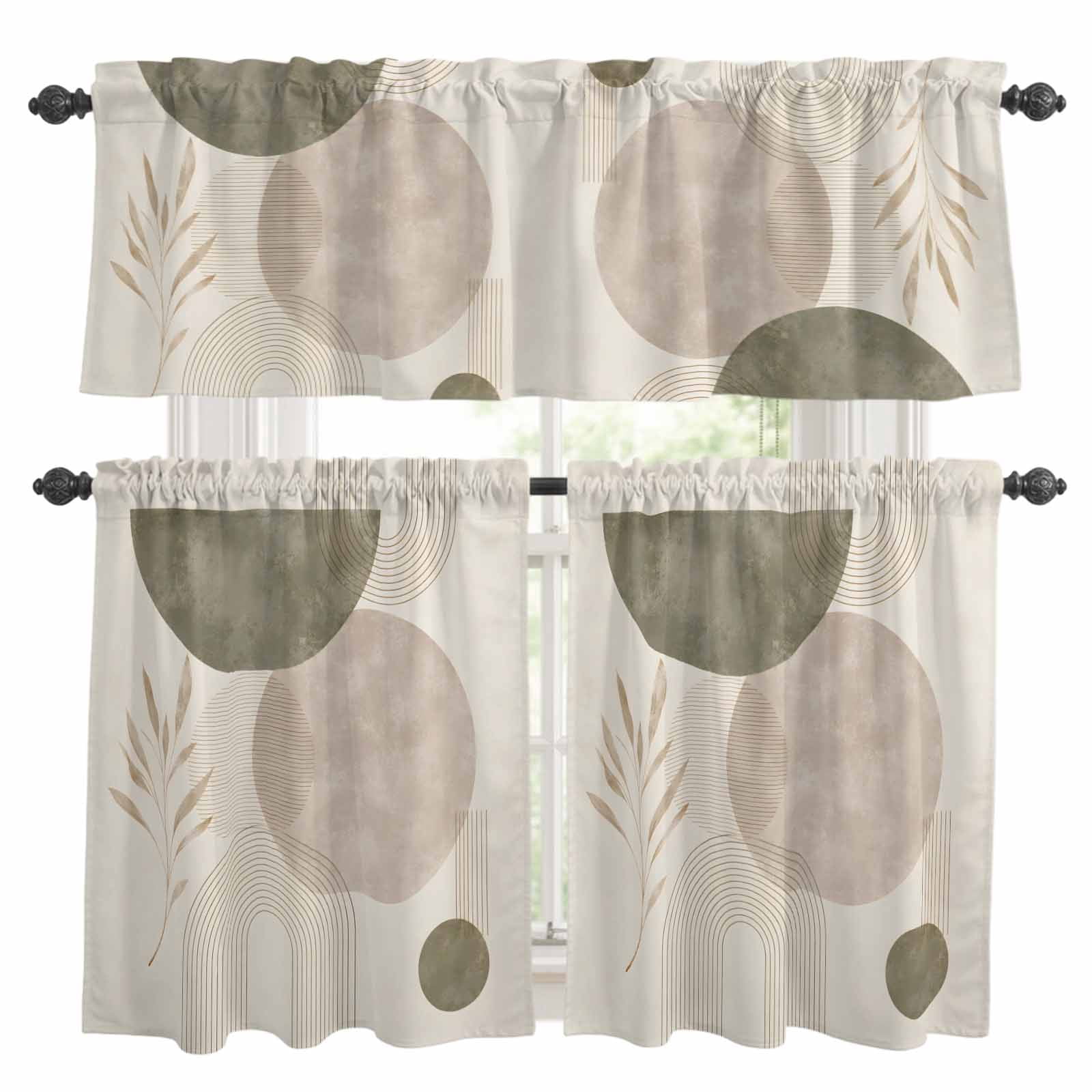 Abstract Window Curtains Valance Set of 3 Minimalist Boho Beige Green ...