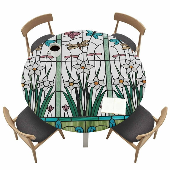 Abstract Window Flowers Round Fitted Tablecloth with Elastic Edge ...