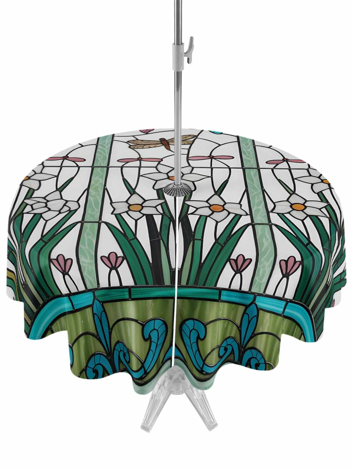 Abstract Window Flowers Round Outdoor Tablecloth with Umbrella Hole ...