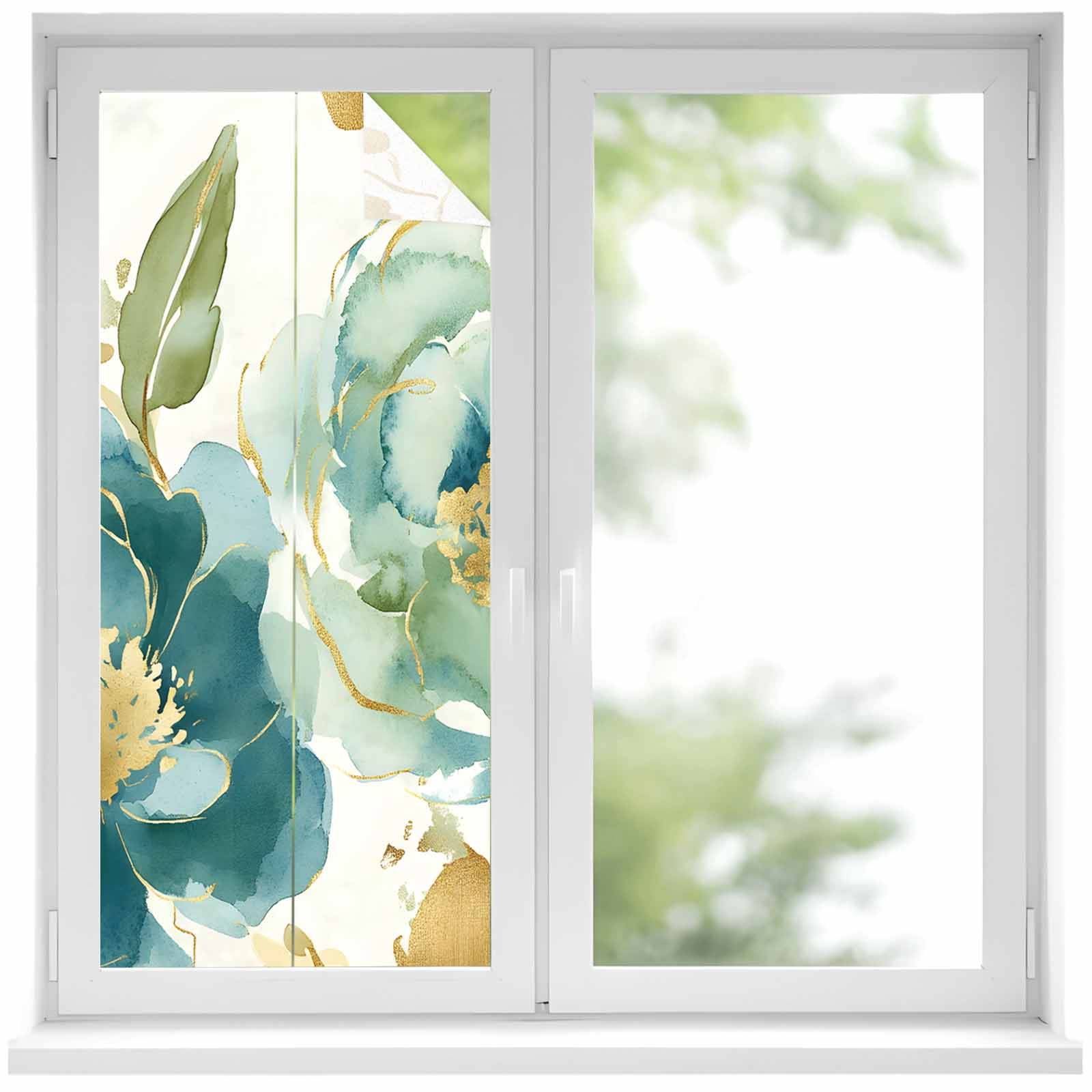 Abstract Window Privacy Film Green Peony Pattern Petals Leaves Gold ...
