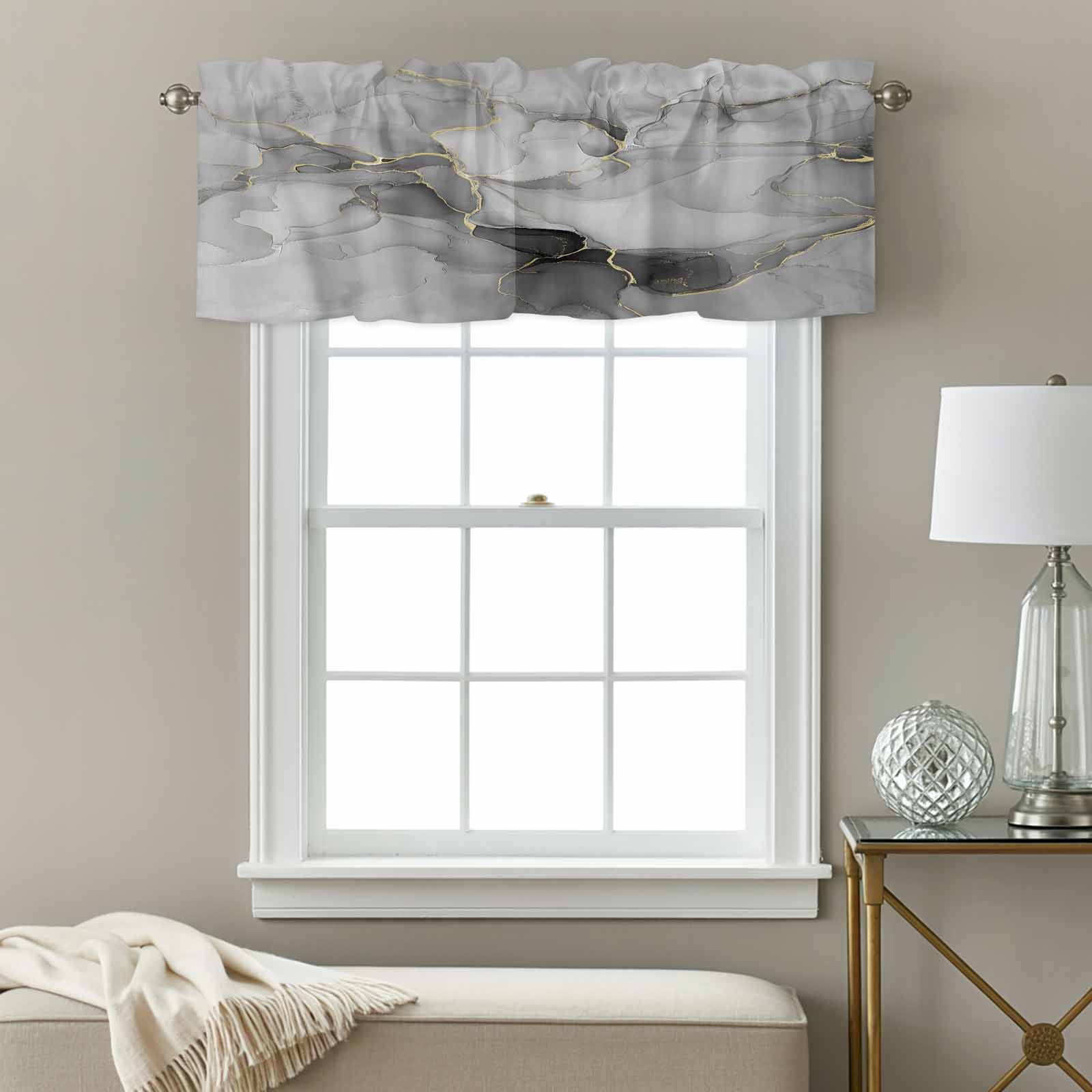 Abstract Window Valance for Kitchen, Gray Golden Marble Fluid Lines Rod ...