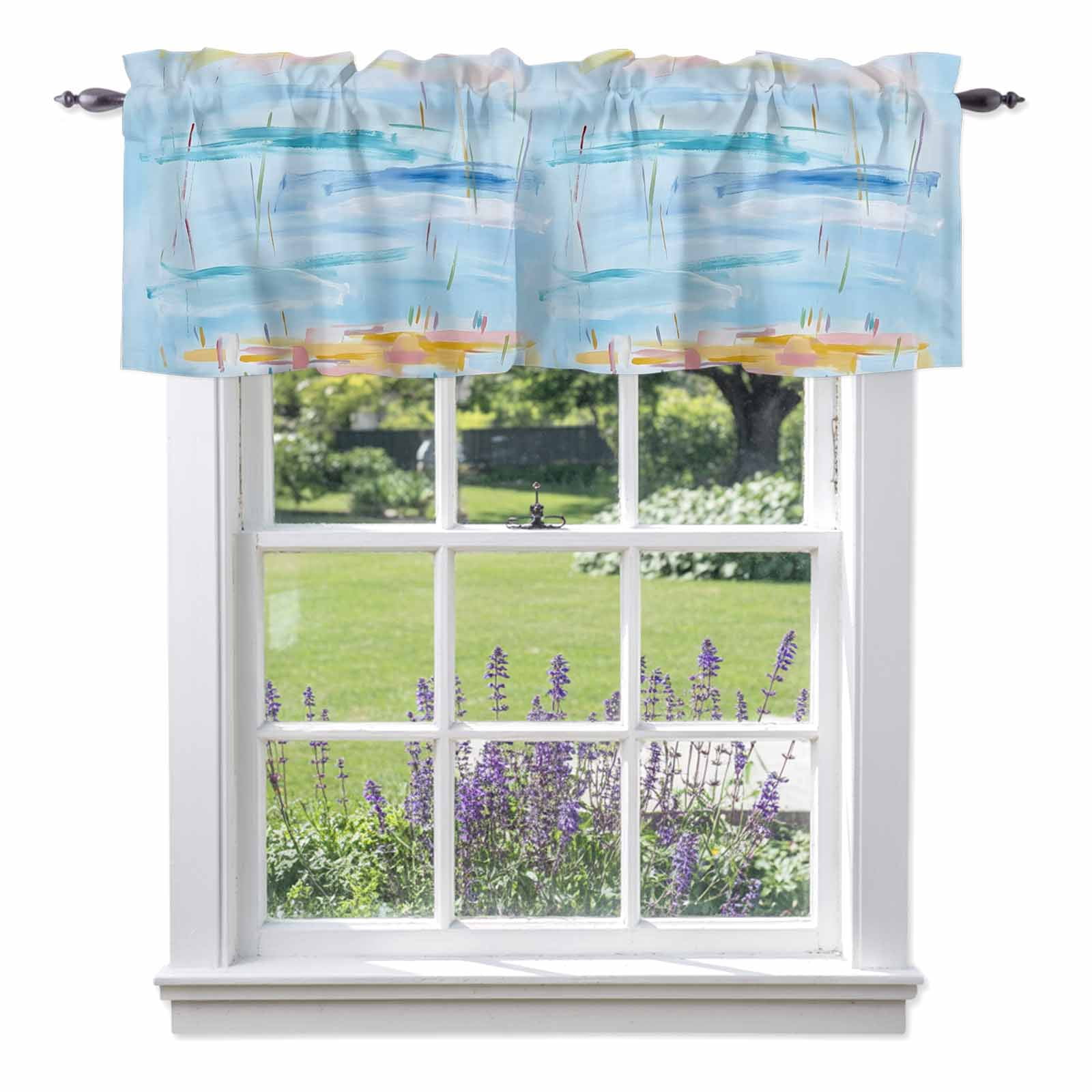 Abstract Window Valance for Kitchen, Minimalist Blue Pink Yellow Fluid ...