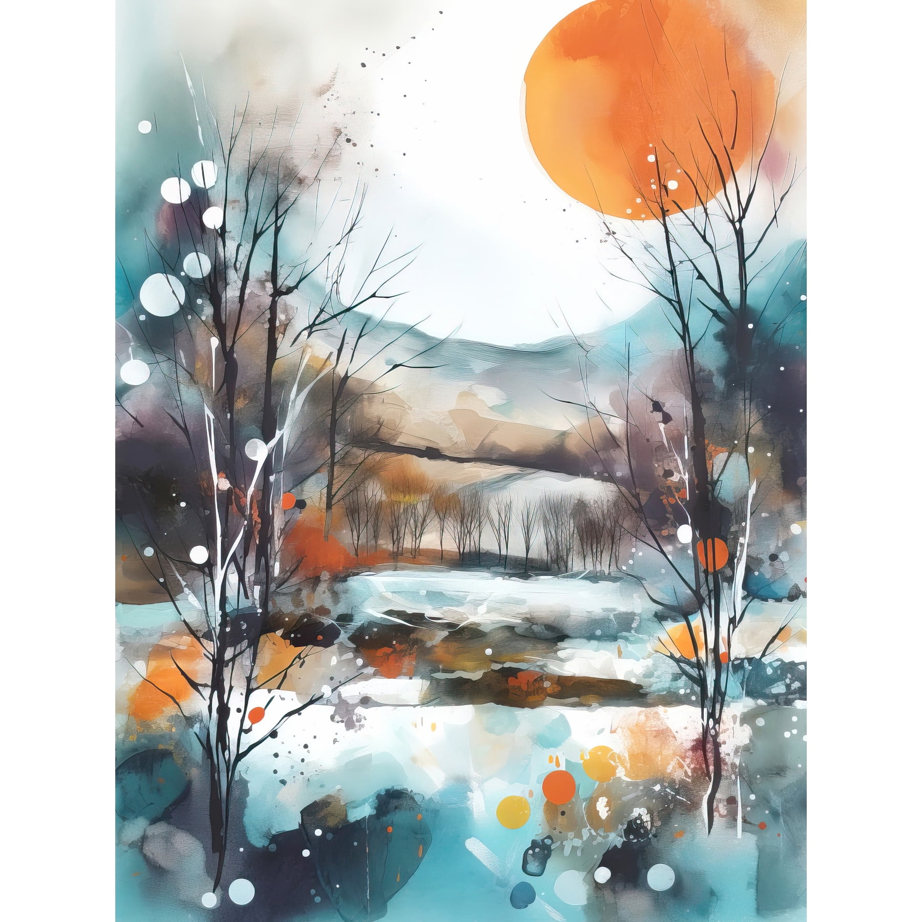 Abstract Winter Landscape Watercolour Painting Boho Countryside Sunrise ...