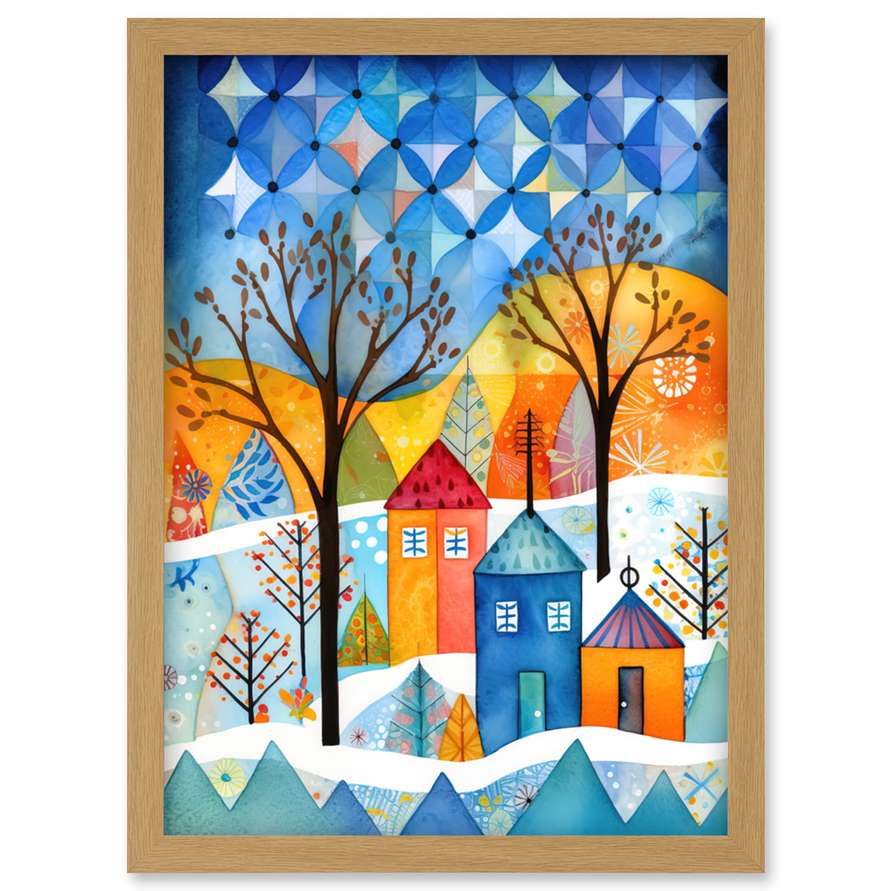 Abstract Winter Snowfall Folk Art Artwork Framed Wall Art Print A4 ...