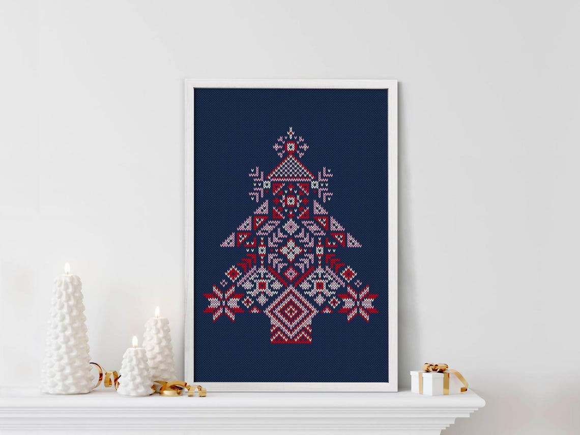 Abstract Winter Tree Poster, Winter Pine Tree Wall Art, Retro Blue ...