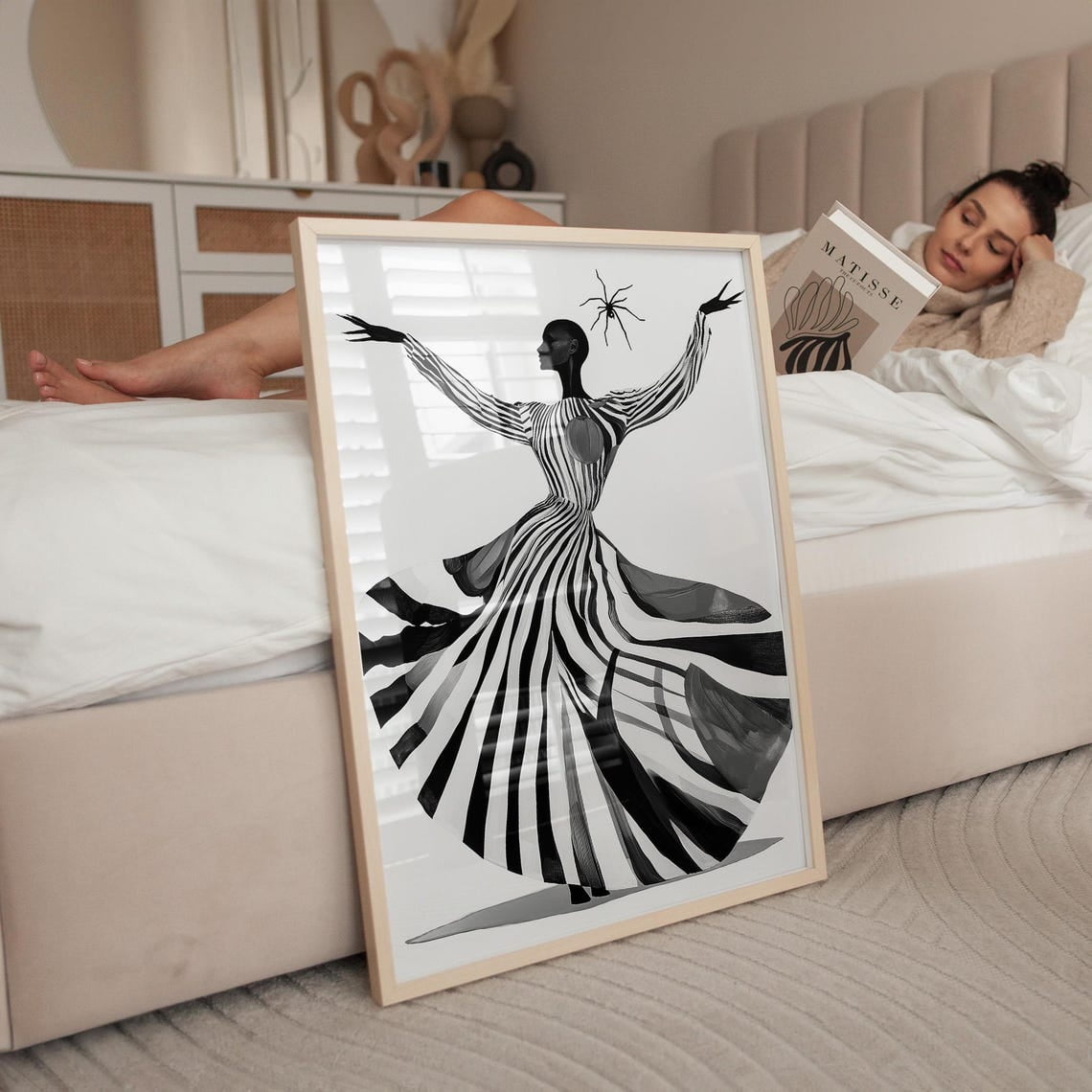 Abstract Witch Art Print, Black And White Striped Dress, Minimalist ...