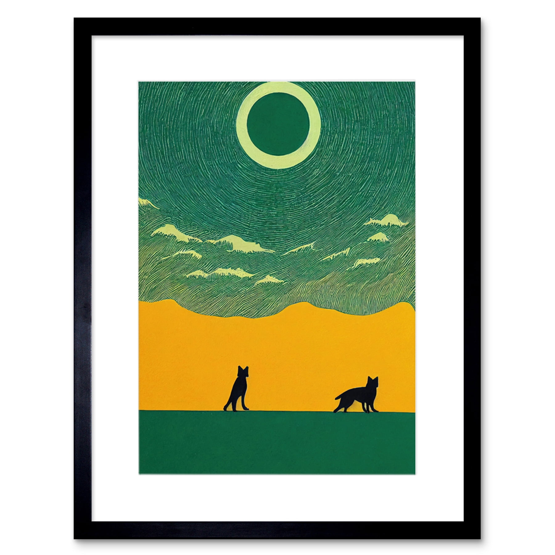 Abstract Wolves Minimalist Surreal Sky Green Yellow Artwork Framed Wall ...