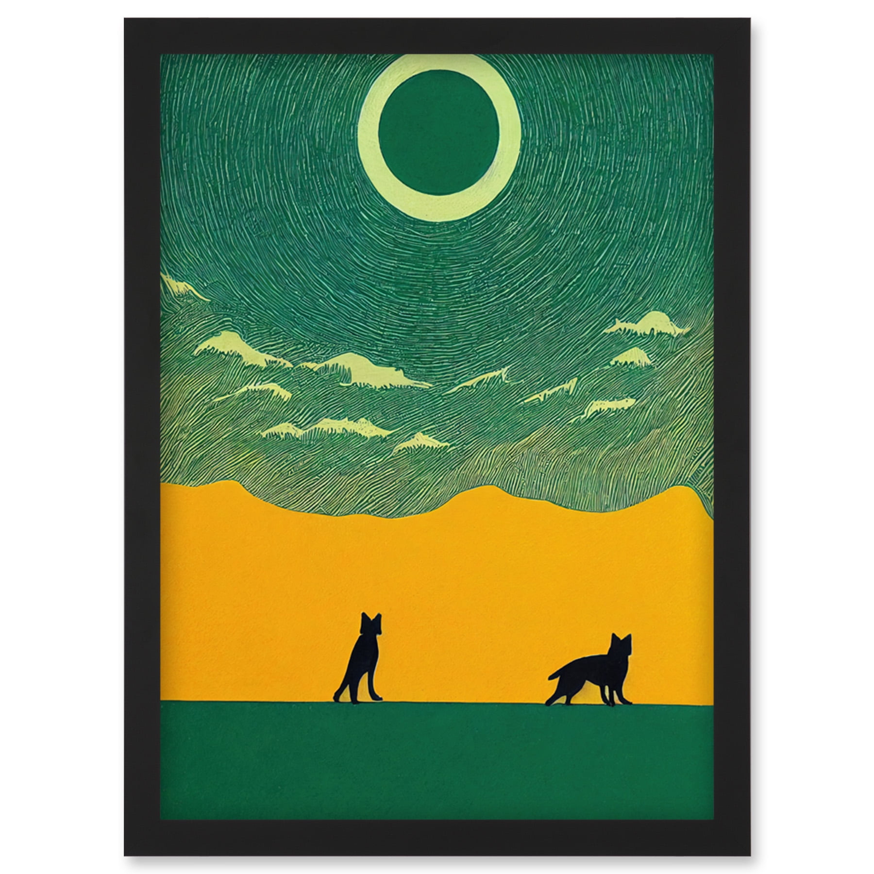 Abstract Wolves Minimalist Surreal Sky Green Yellow Artwork Framed Wall ...