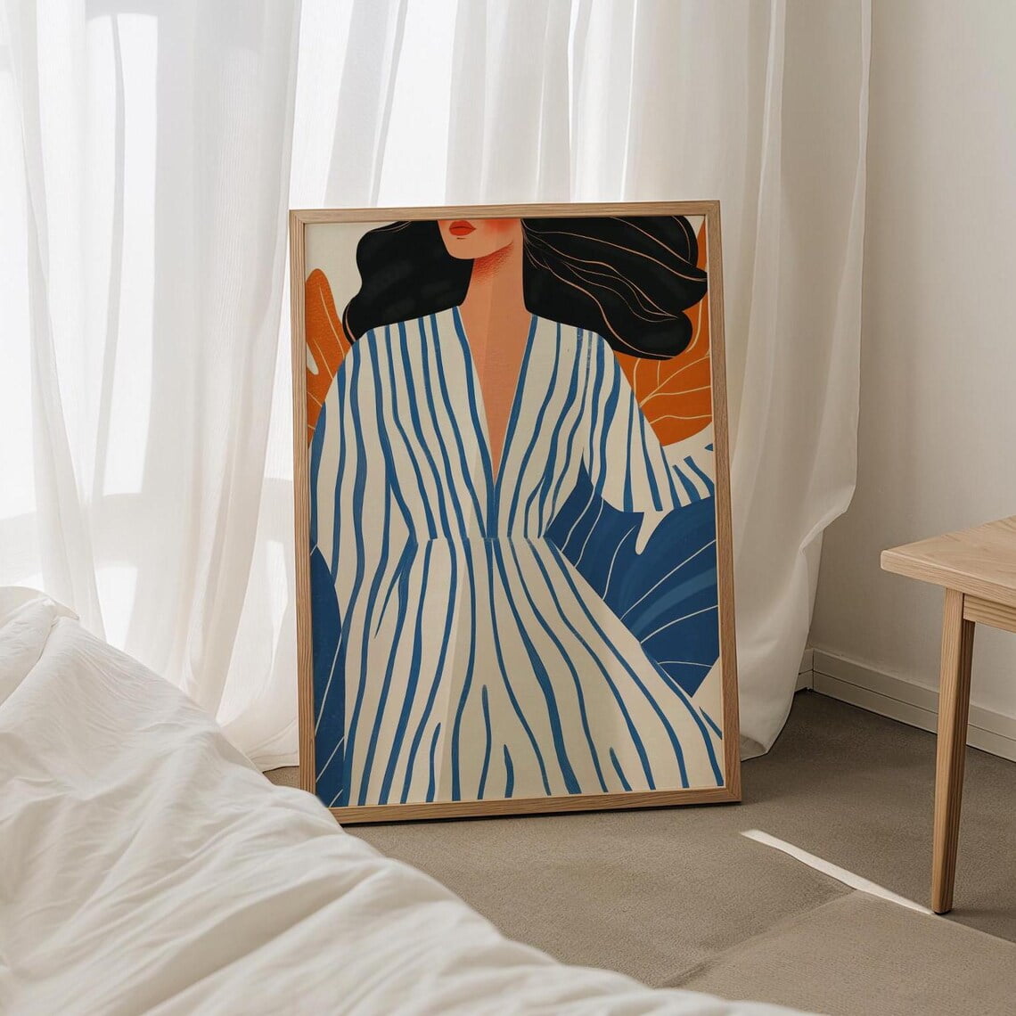 Abstract Woman Blue Orange Stripes Minimalist Home Wall Art, Unframed ...