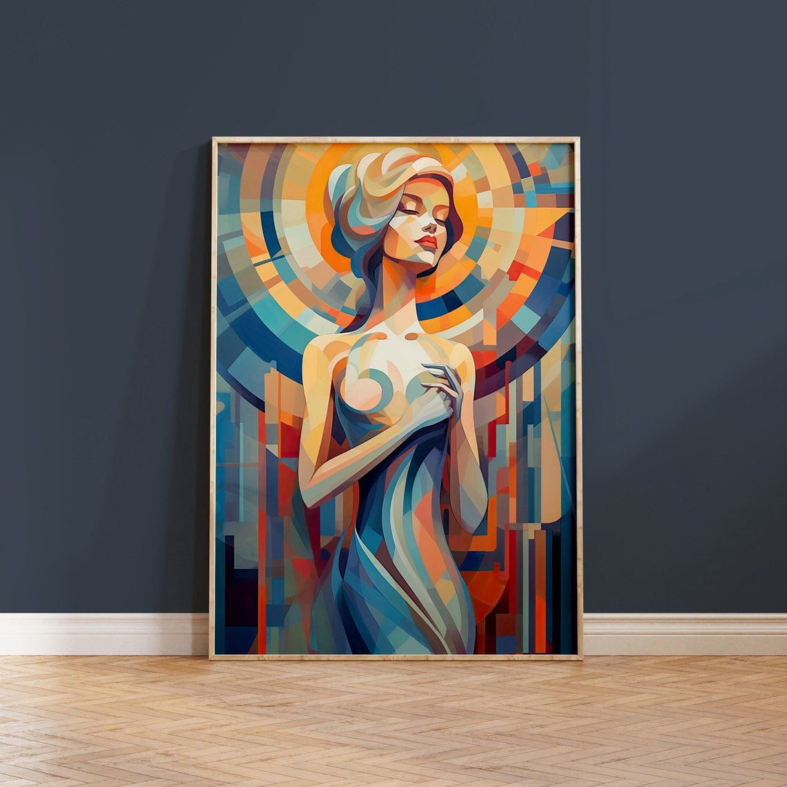 Abstract Woman Cubist Boho Portrait Blue Orange Art, Unframed Canvas ...