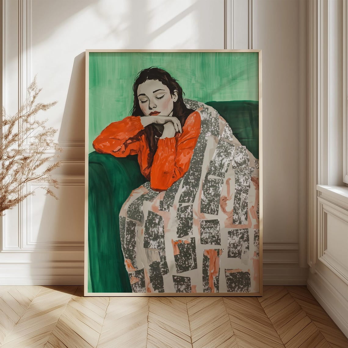 Abstract Woman Portrait In Orange Sweater - Glitter Patchwork Art Print, Modern Aesthetic Wall ...