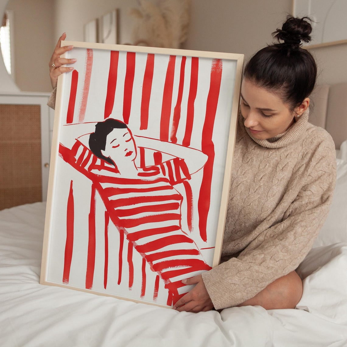 Abstract Woman Relaxing Art Print, Bold Red Striped Artwork, Modern ...