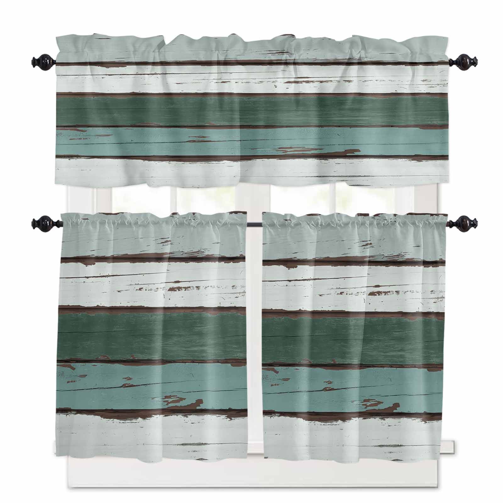 Abstract Wood Grain Window Curtains Valance Set of 3 Beige Green ...