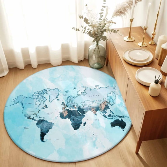 Abstract World Map Round Area Rug 3ft,Living Room Rug Non-Slip Washable ...