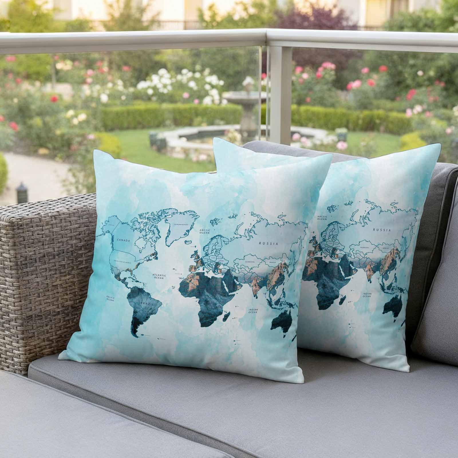 Abstract World Map Waterproof Throw Pillow Covers Set of 2 Teal Blue ...