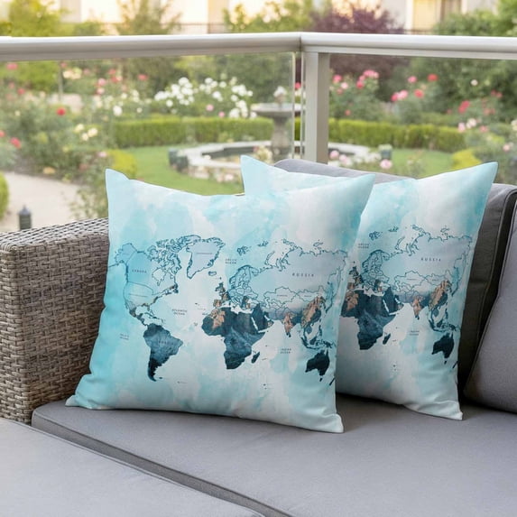 Abstract World Map Waterproof Throw Pillow Covers Set of 2 Teal Blue ...