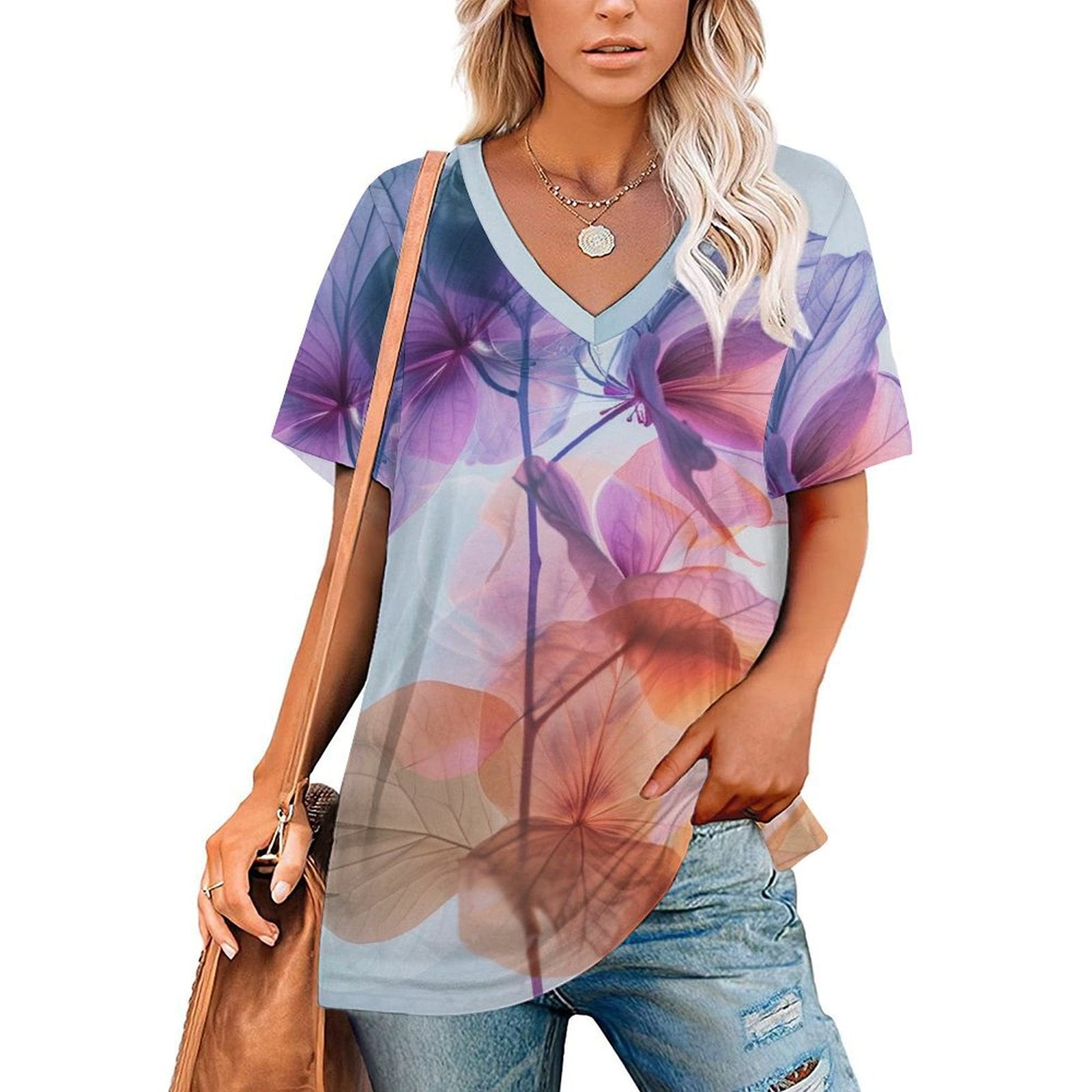 Abstract Xray Flower Collection Orange Purple V Neck Korean Fashion ...