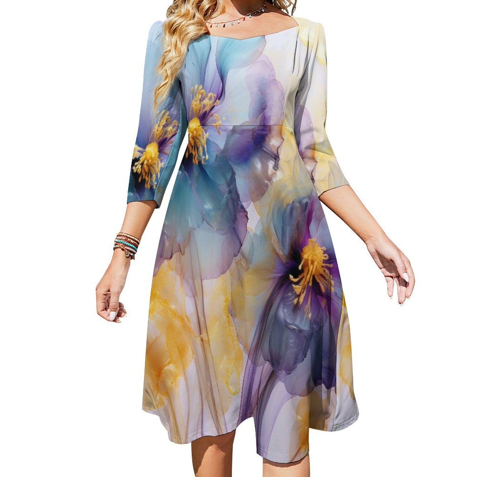 Abstract Xray Flowers Collection Flare Dress Square Neck Dress Elegant ...