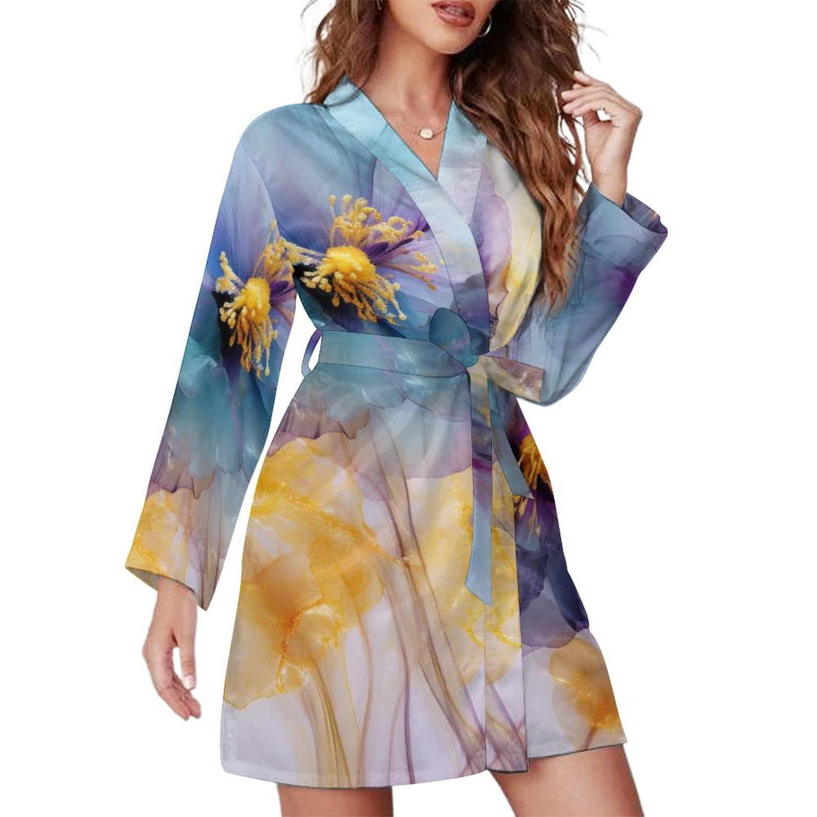 Abstract Xray Flowers Collection Night Robe Long Sleeve V Neck Robe ...