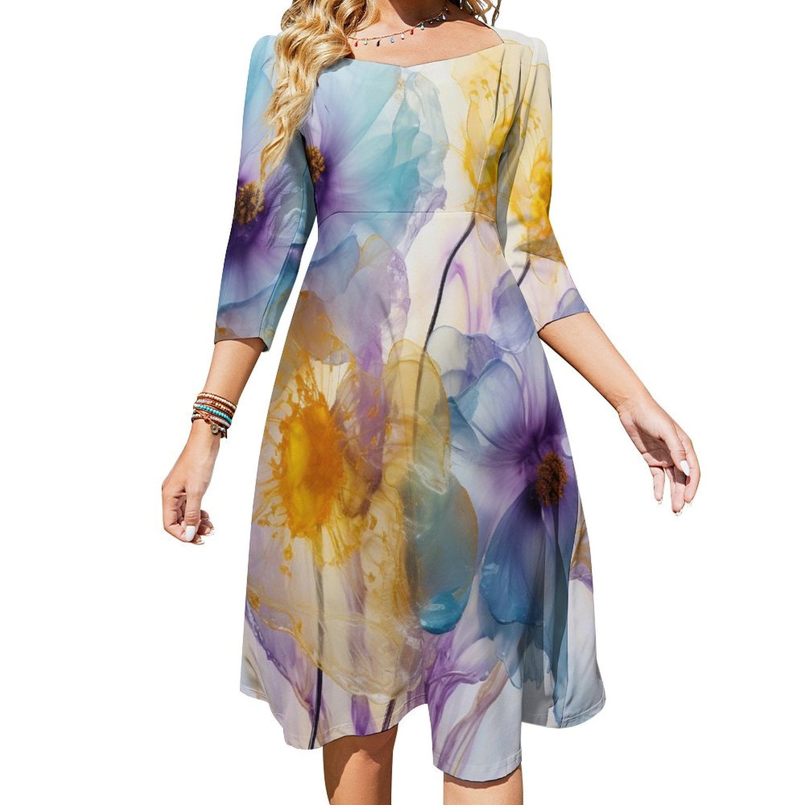 Abstract Xray Flowers Collection Yellow Purple Blue Flare Dress Square ...