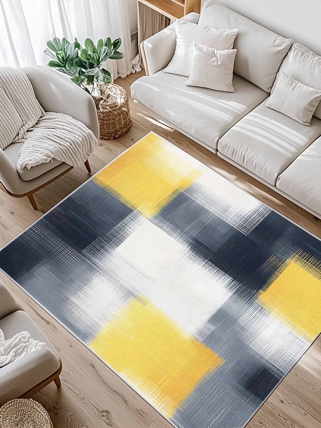 Abstract Yellow Area Rug for Bedroom 4x6 Ft Black Plaid Mottled ...
