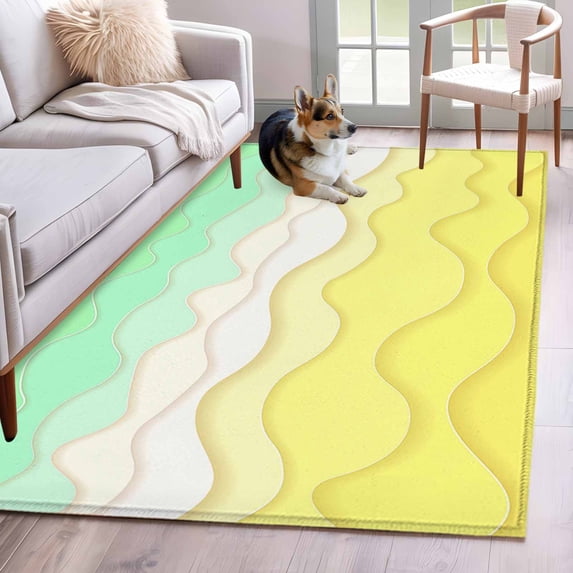 Abstract Yellow Area Rugs 4x6 ft Green and White Ombre Ocean Wave ...