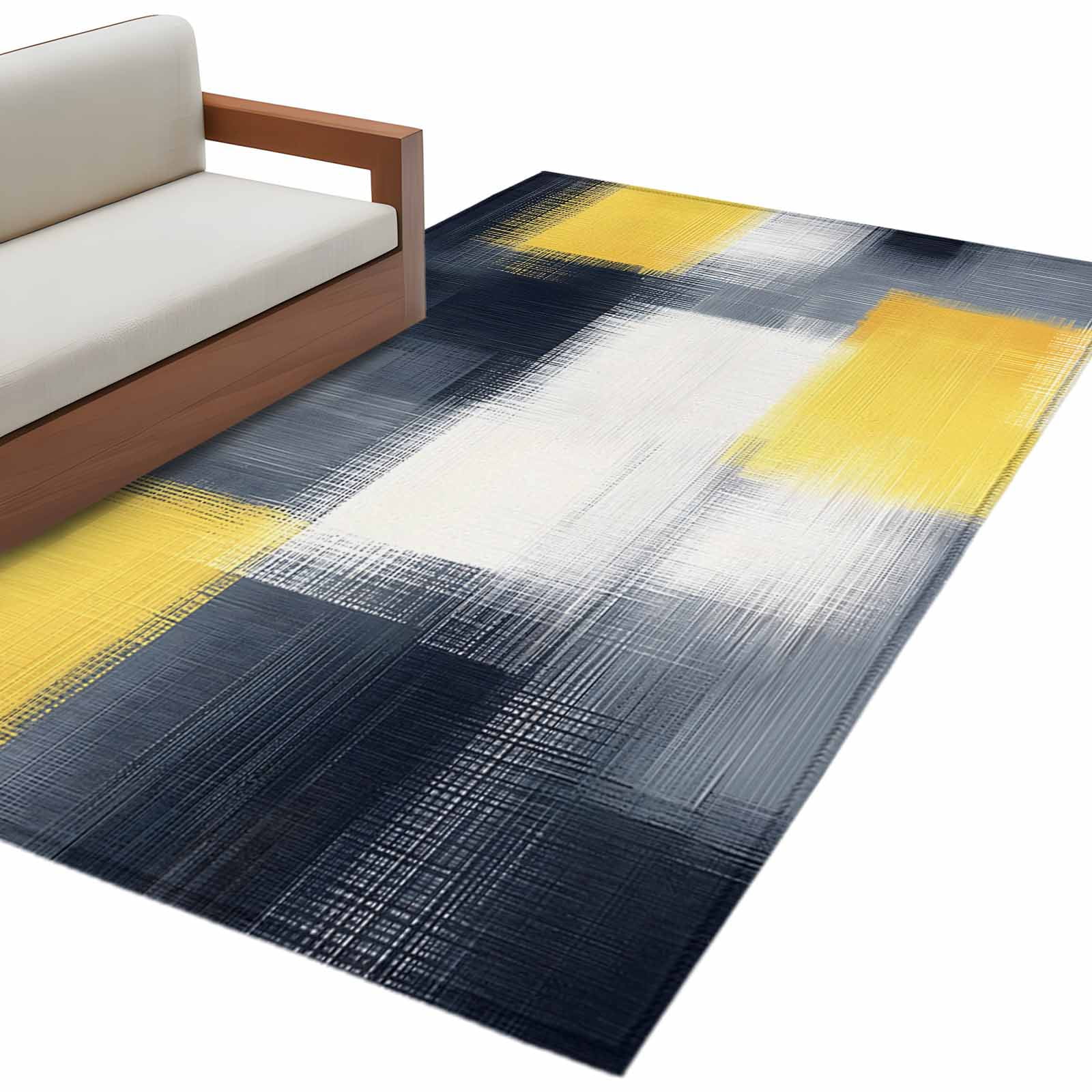 Abstract Yellow Area Rug 3x5ft Black Plaid Mottled Geometric Art Modern ...