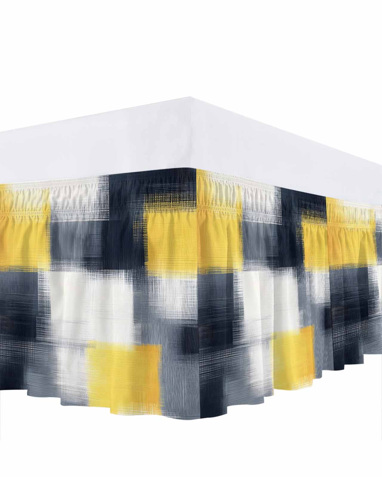 Abstract Yellow Bed Skirt King Size 16" Drop Black Plaid Mottled ...