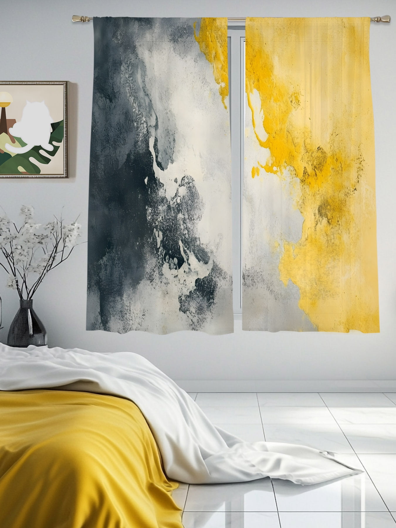 Abstract Yellow Beige Black Ombre Chiffon Sheer Curtains 63 Inches Long ...