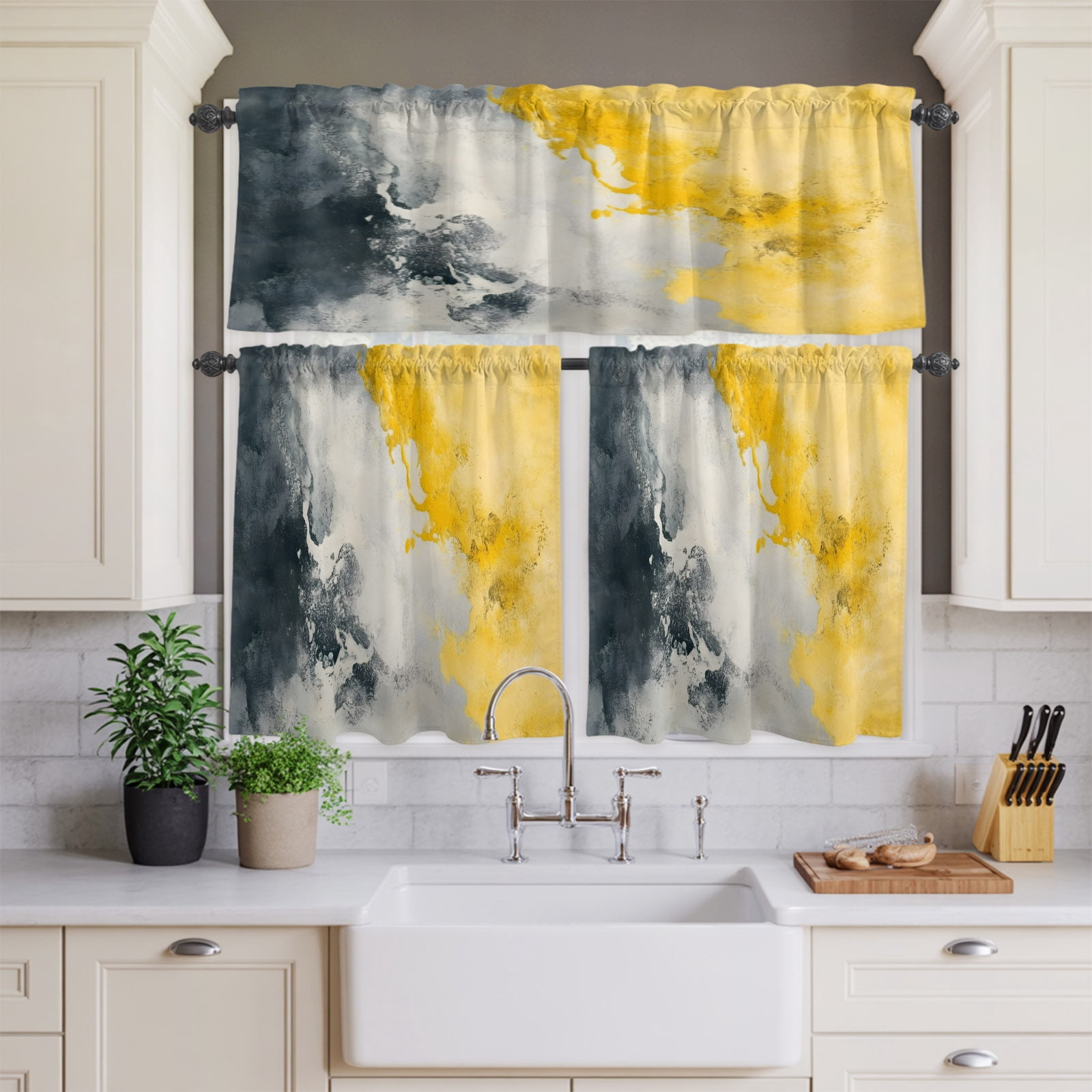 Abstract Yellow Beige Black Ombre Curtain Tier and Valance Set 3 Piece ...
