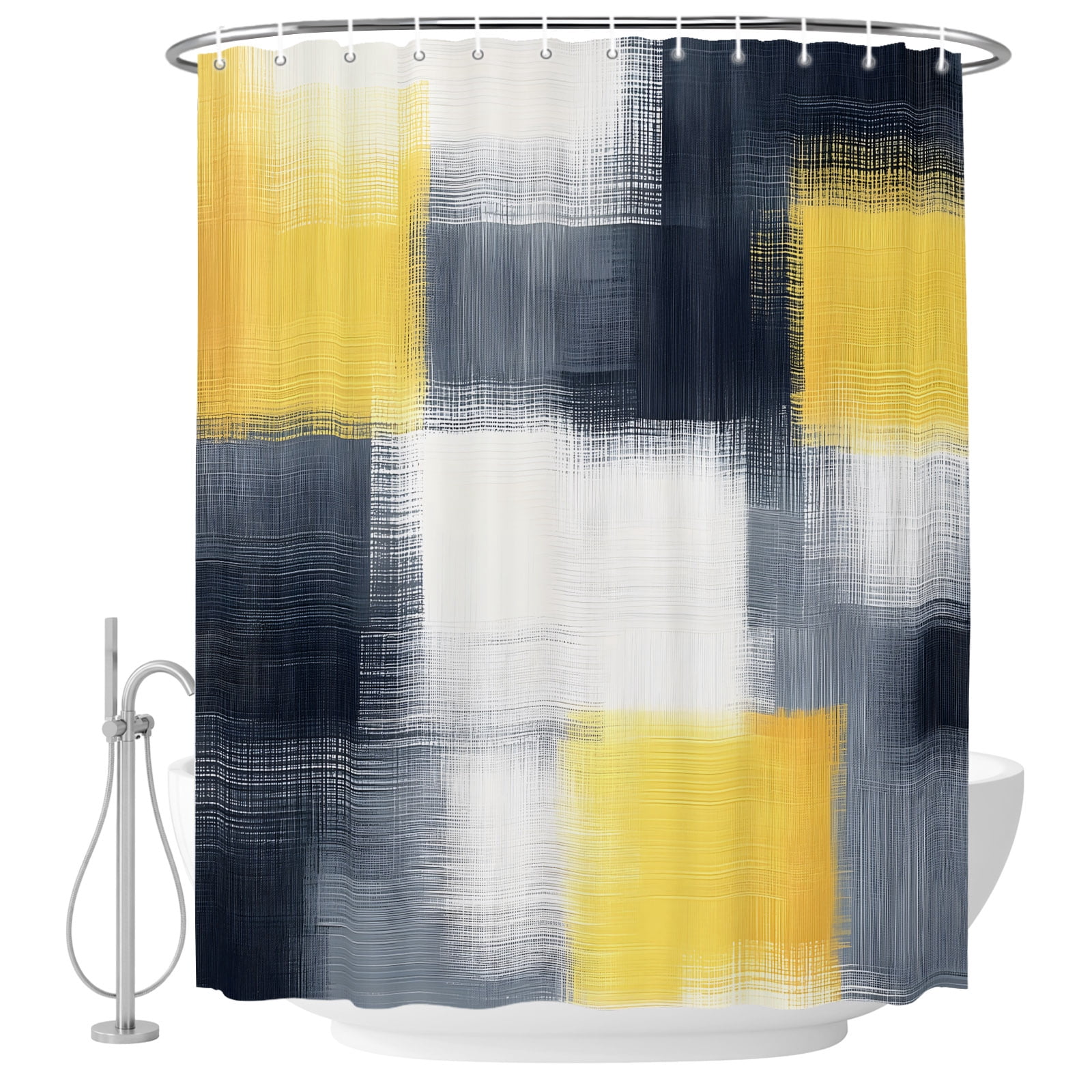 Abstract Yellow Black Fabric Shower Curtain Mosaic Artwork Washable ...