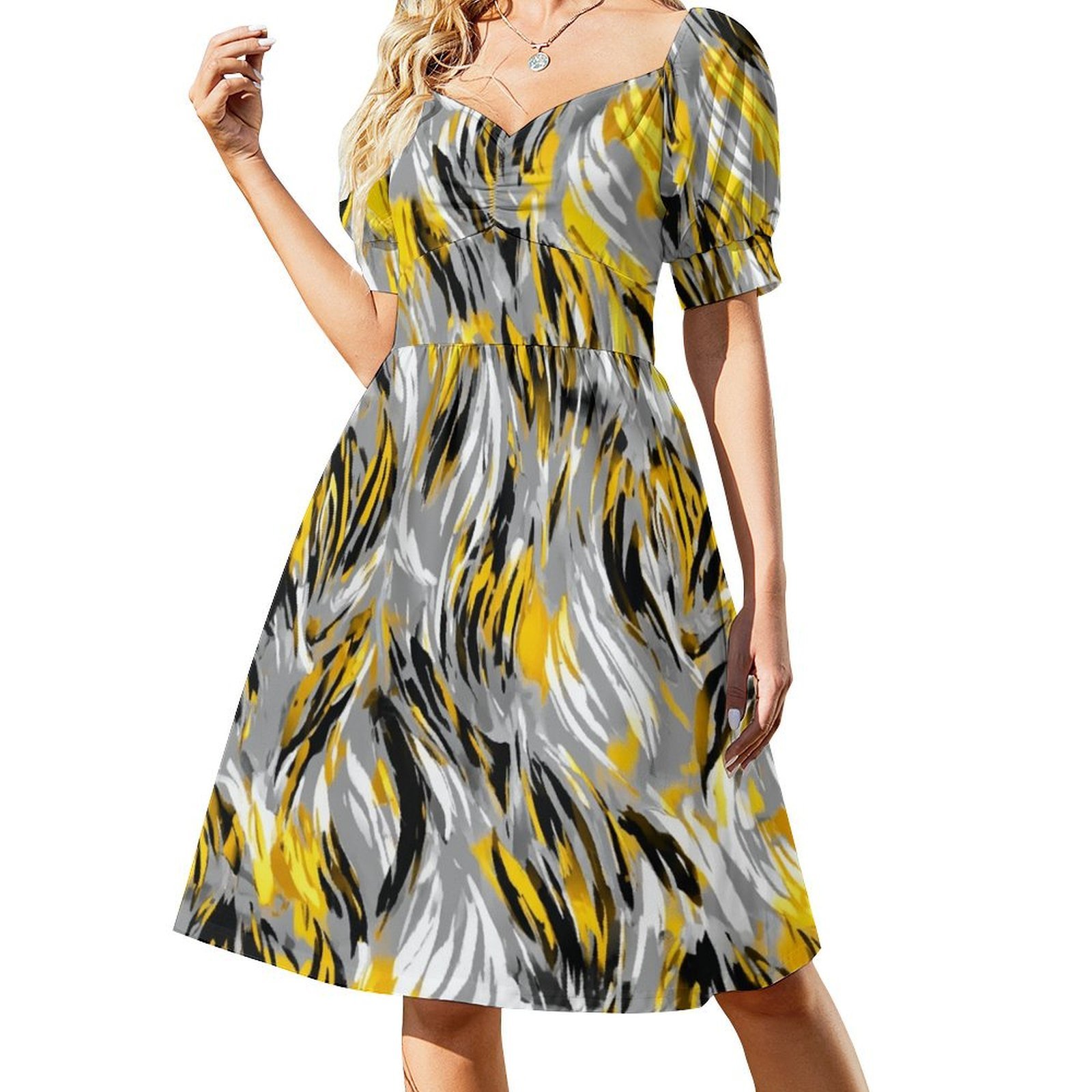 Abstract Yellow Black Gray Wavy Pattern Short Sleeve Dress Clothes ...