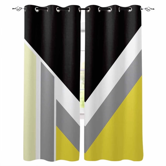 Abstract Yellow Black Kitchen Curtains Modern Geometric Color Blocks ...