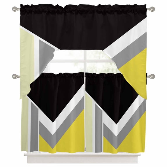 Abstract Yellow Black Kitchen Curtains Swag Valance and Tier Curtains ...