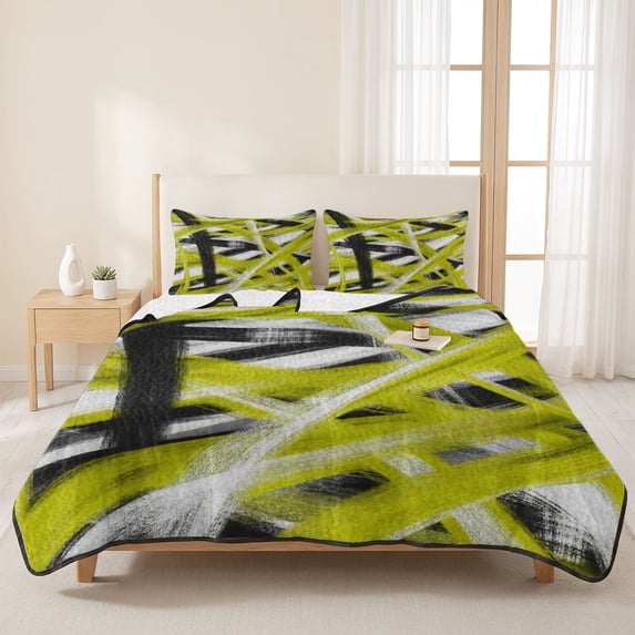 Abstract Yellow Black Lines 3 Pieces Quilt Set,1 Quilt with 2 Shams ...