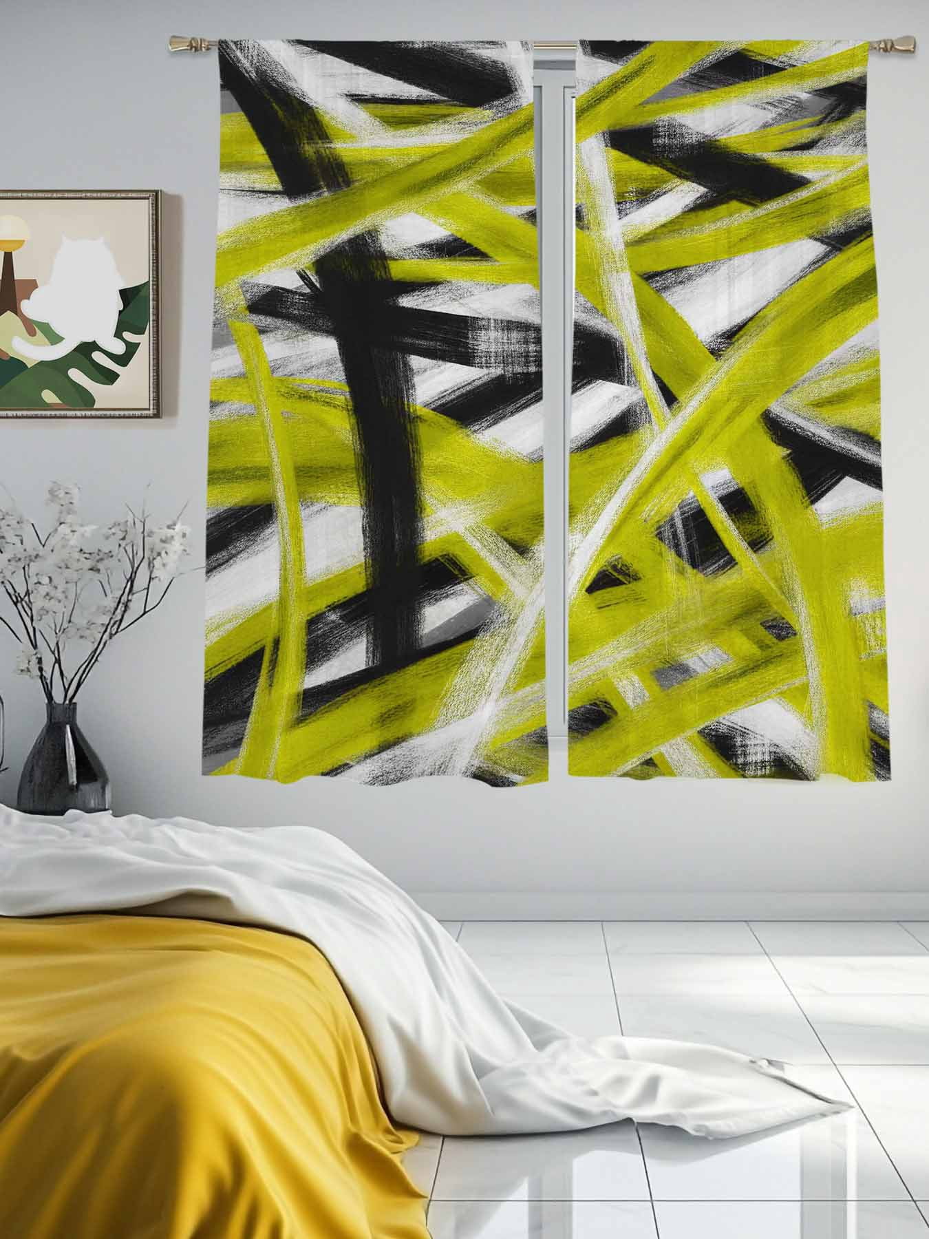 Abstract Yellow Black Lines Sheer Curtains 2 Panels Set Geometric ...