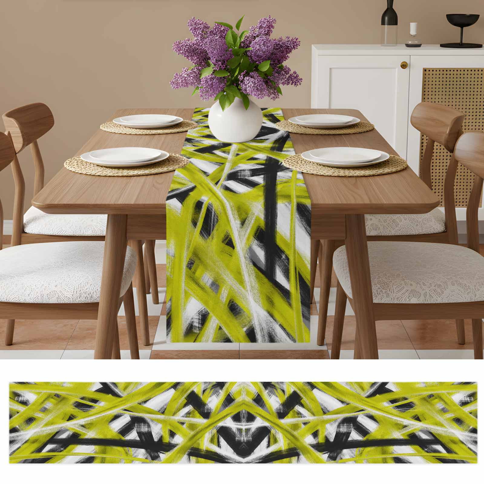 Abstract Yellow Black Lines Table Runner 13x60in Non-Slip Cotton Linen ...