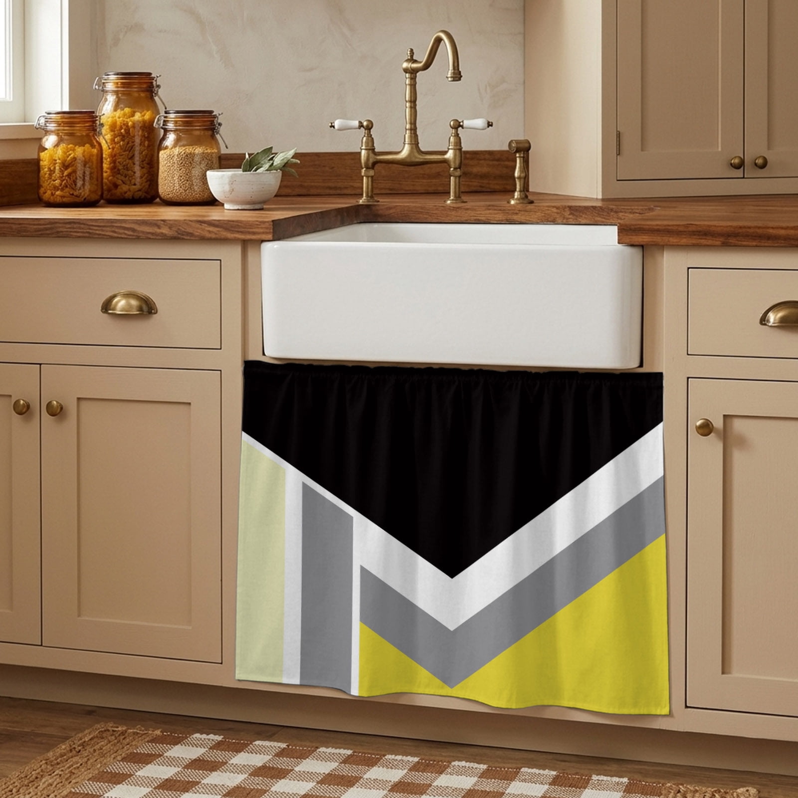 Abstract Yellow Black Small Cabinet Curtains 11"W x 13"L, Modern ...