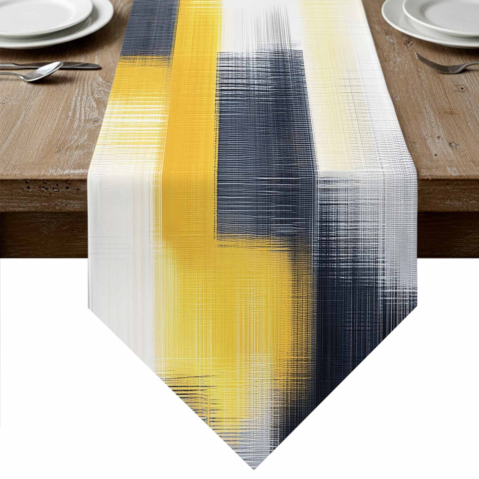 Abstract Yellow Black Table Runner Linen Burlap Table Runner 70 Inches ...