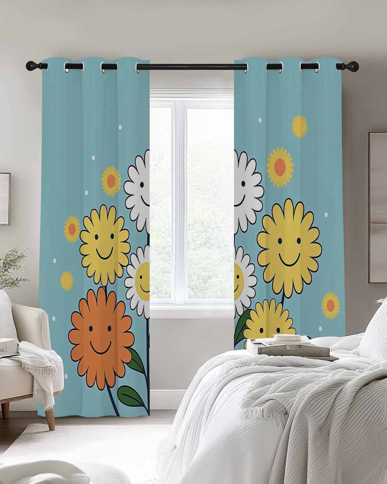 Abstract Yellow Blackout Curtains 2 Panels and White Smile Flowers Blue ...