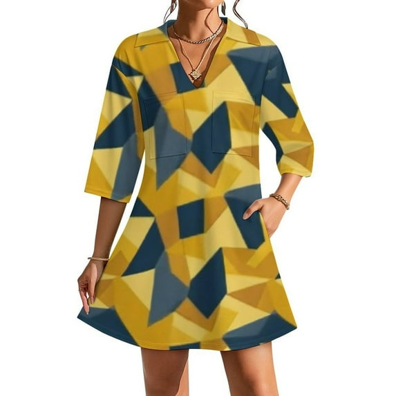 Abstract Yellow Blue Geometric Pattern Womens Dress With Pockets Summer ...
