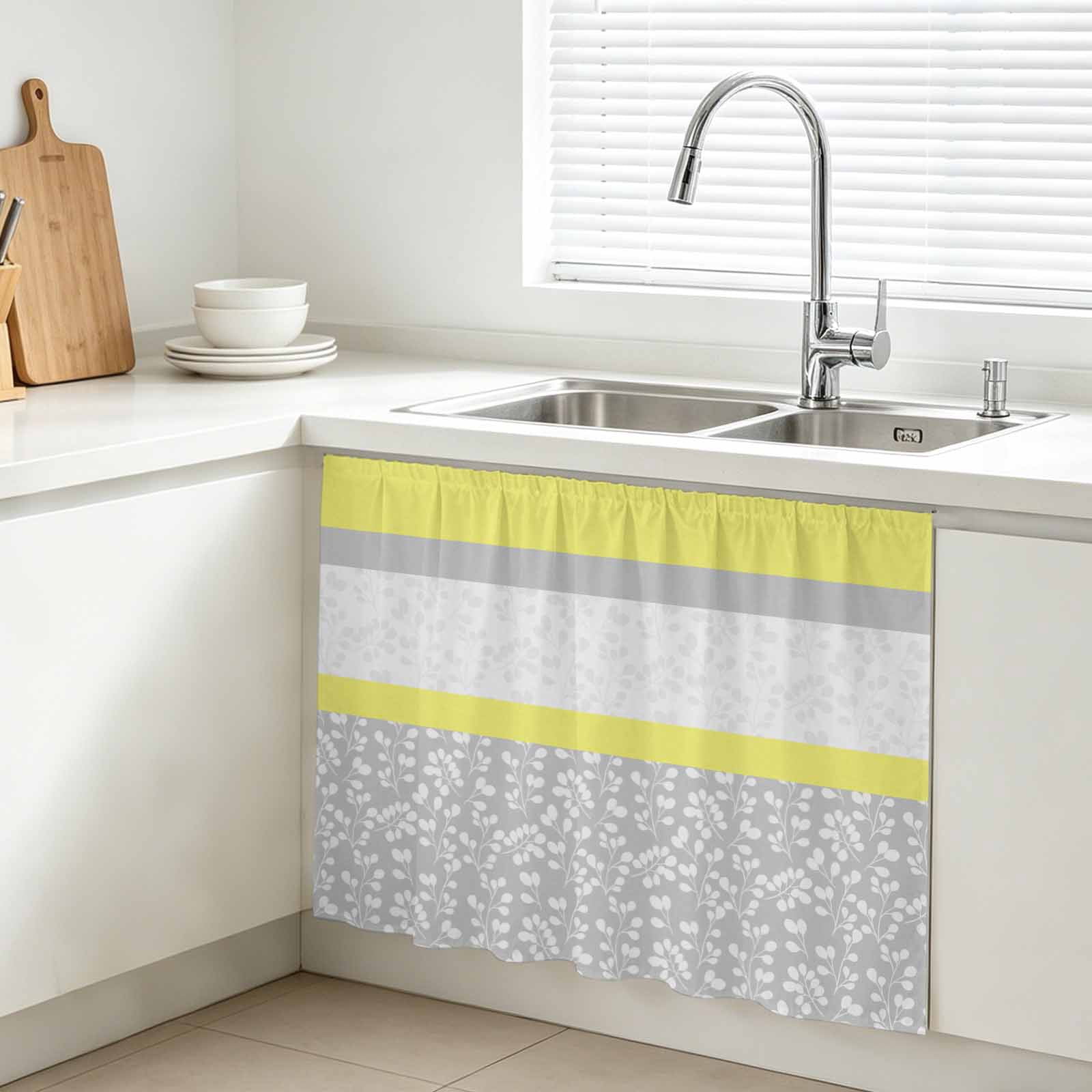 Abstract Yellow Cabinet Curtain, Grey Stripes Floral Plant Modern ...