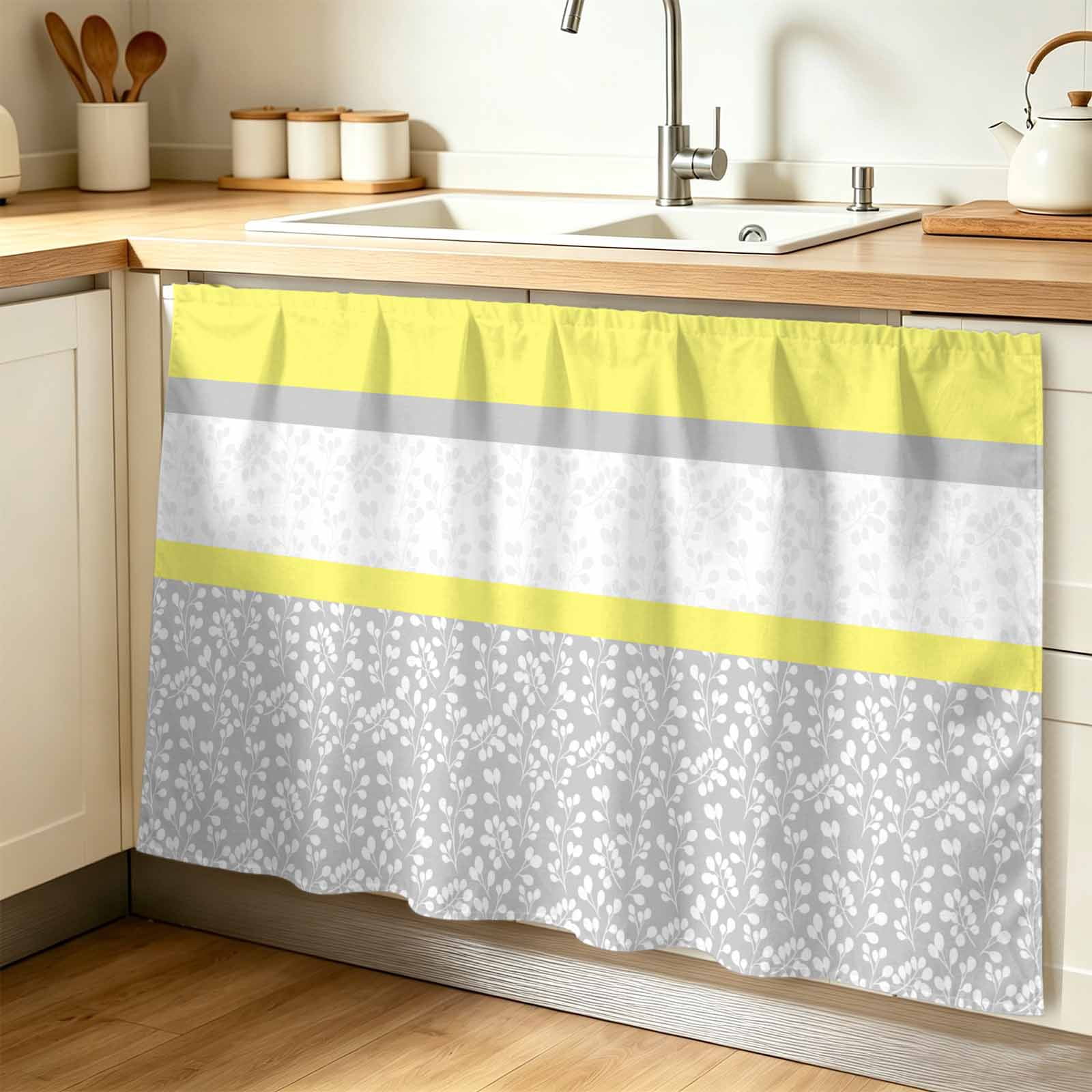 Abstract Yellow Cabinet Curtain, Grey Stripes Floral Plant Modern ...