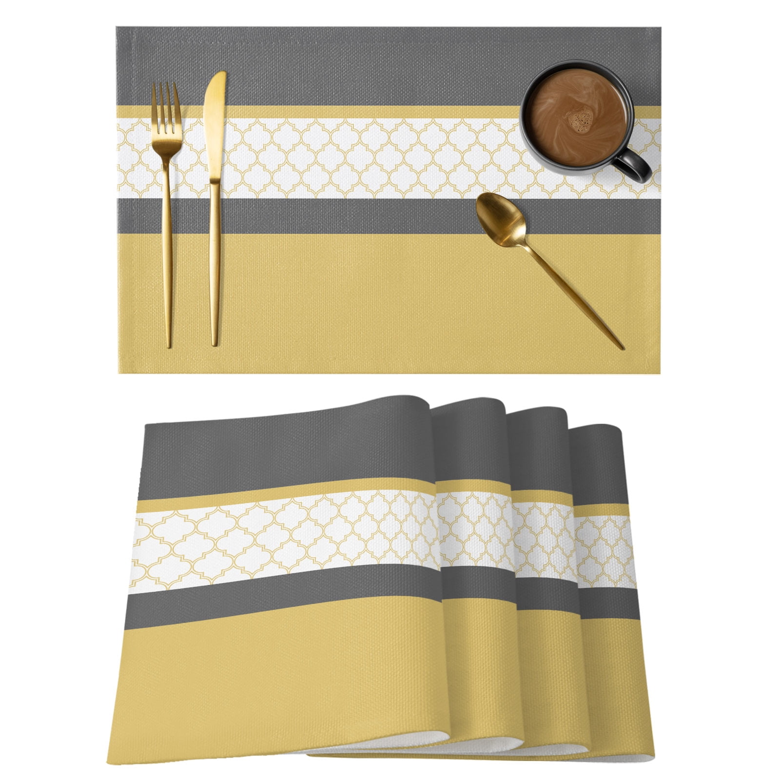 Abstract Yellow Cotton Linen Placemats Set of 1, Grey Stripes Moroccan ...